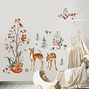 wondever Woodland Animals Tree Wall Stickers Forest Deers Fox Squirrel Peel and Stick Wall Art Decals for Baby Nursery Kids Bedroom