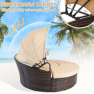 SUNCROWN Outdoor Patio Round Daybed with Retractable Canopy, Brown Wicker Furniture Sectional Couch with Washable Cushions, Backyard, Porch
