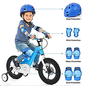 Kid's Protective Gear Set,Roller Skating Skateboard BMX Scooter Cycling Protective Gear Pads (Knee Pads+Elbow Pads+Wrist Pads+ Helmet) (Blue)