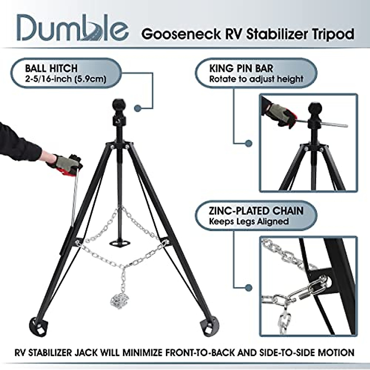 Dumble Gooseneck RV Stabilizer Tripod - 2-5/16in Ball Joint 7500lb Cap 5th Wheel Tripod Stabilizer Adjustable Jack