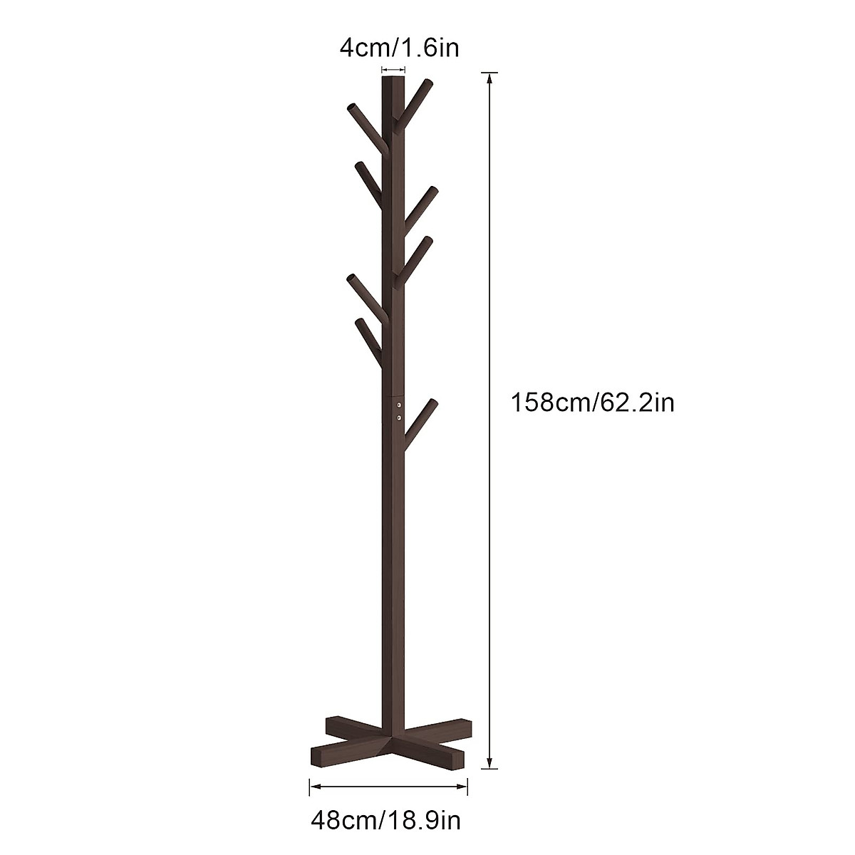 Tiasott Wooden Coat Rack Stand,Free Standing Tree Hanger,Standing Coat Rack with 8 Hooks,Hallway Entryway Clothes Hanger for Suits,Hats,Scarves,Handbags,Umbrella,Brown