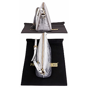 PRIMO SACCHI Ladies Italian Textured Metallic Silver Leather Small Triangular Shoulder Crossbody Bag