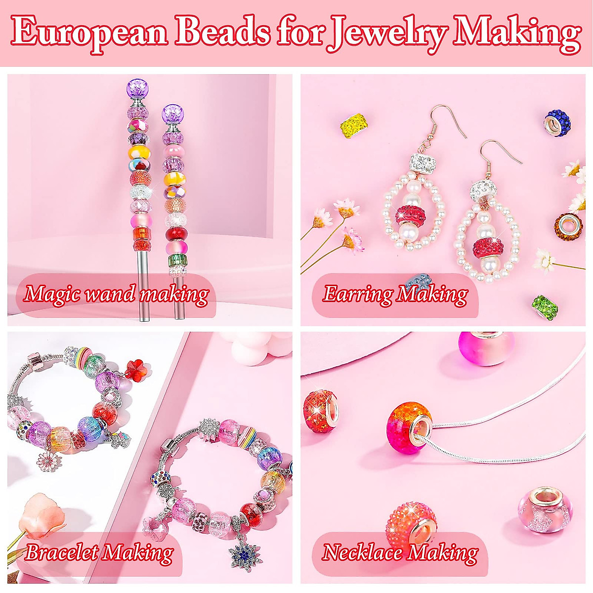 Cludoo Large Hole Glass Beads for Jewelry Making, 224PCS European Beads Bulk Mixed Color Spacer Beads with Rhinestones Lampwork Beads for DIY Craft Charms Bracelet Necklace Earring Making