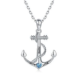 925-Sterling-Silver Sailor Anchor Necklace for Women - Engraved Ship Nautical Jewelry White Gold Plated Chain Faith Hope Love Inspirational Navy Blue Heart Cubic Zirconia Pendant Gifts