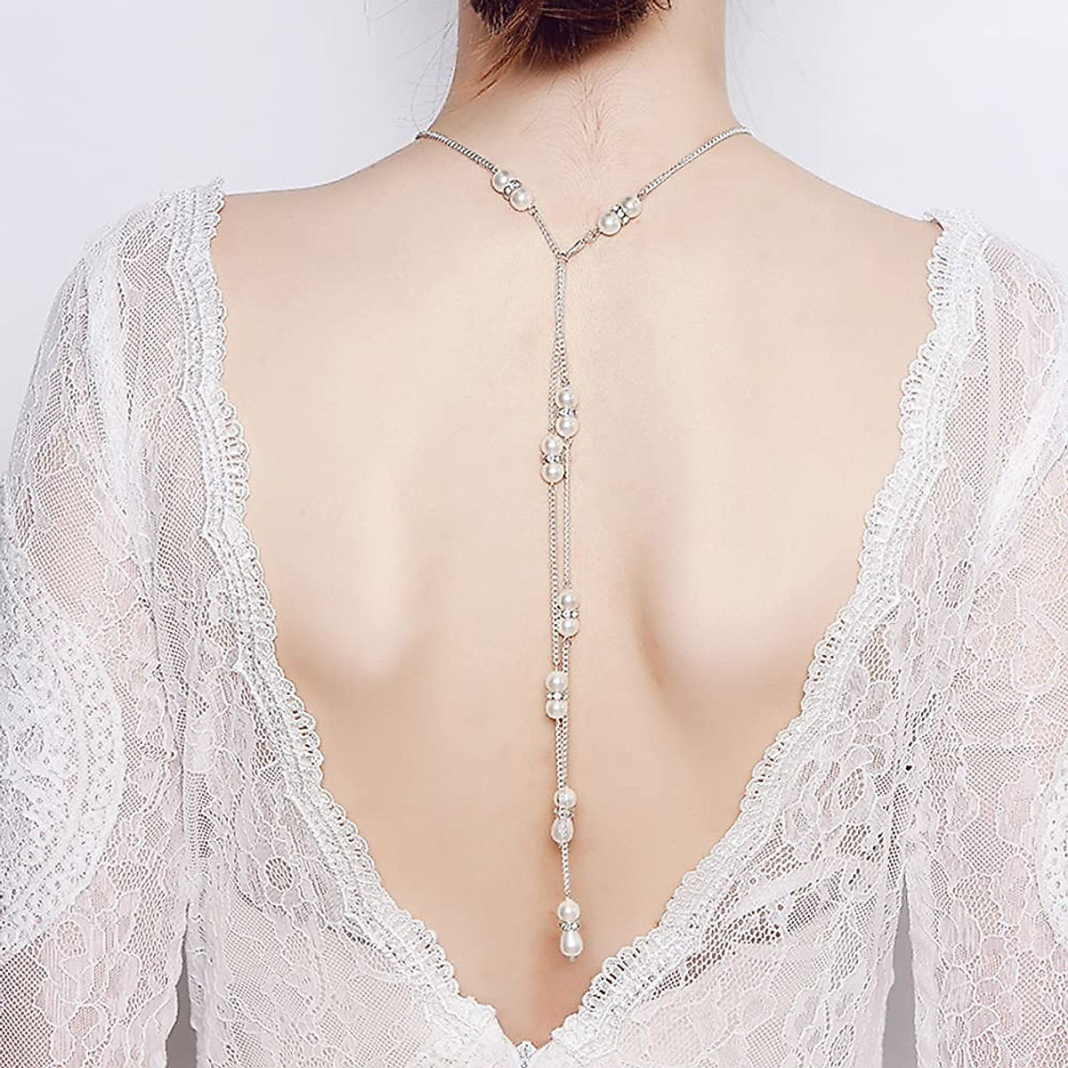 Asphire Vintage Bridal Pearl Back Chain Necklace Long Pendant Lariat Y Necklace Crystal Pearl 1920s Costume Wedding Accessories for Women