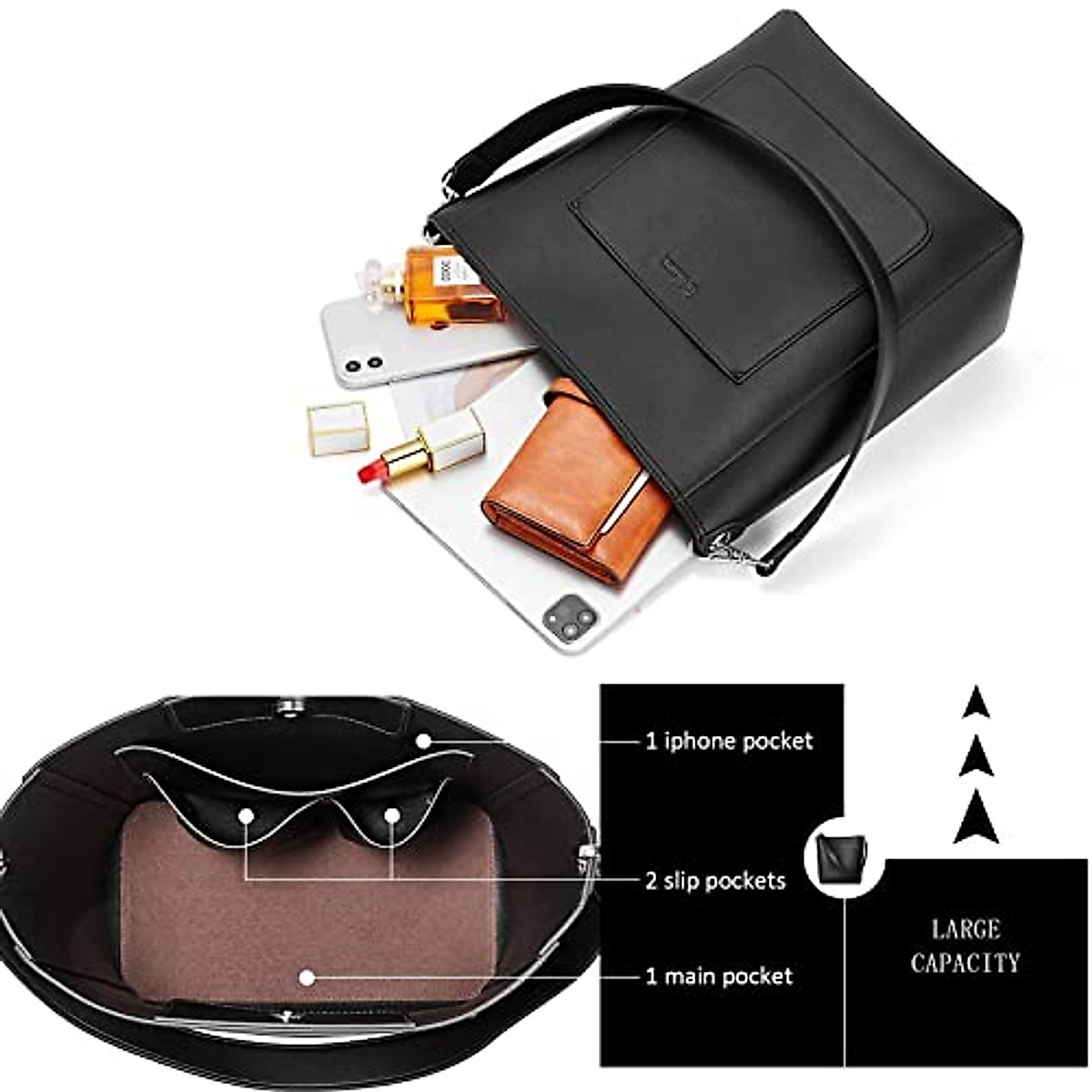 BROMEN Hobo Bags for Women Designer Shoulder Bucket Black and Women Wallets Black Bundle