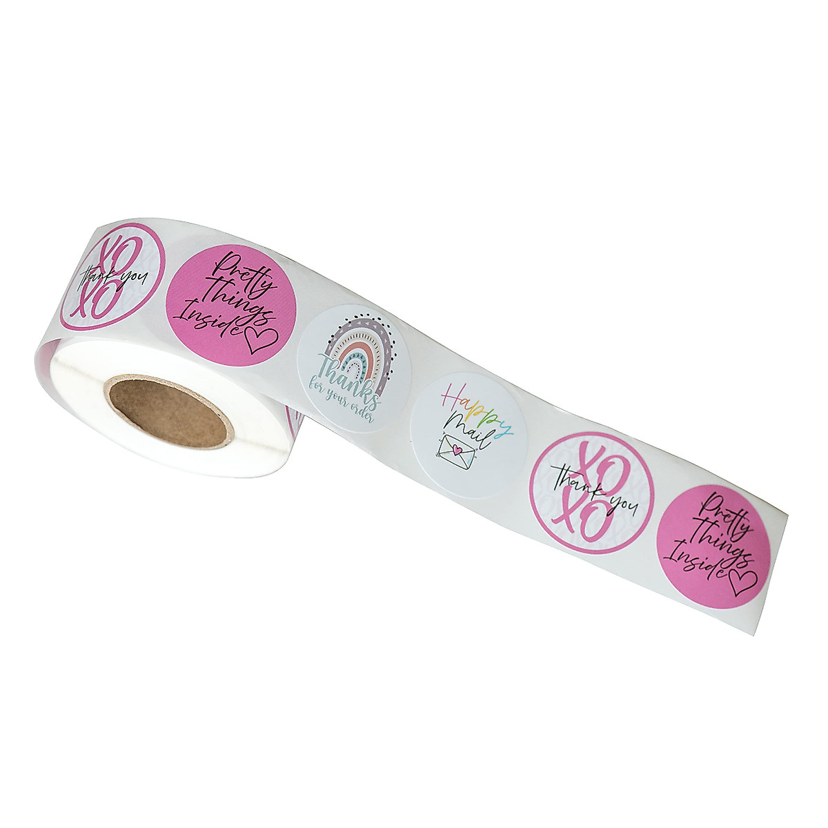 Assorted Cute Packaging Stickers - Roll of 500 - Four Fun Designs - 1.5" Round Glossy Sealers for Small Business - Happy Mail - Thank You for Your Business/Pretty Things Inside