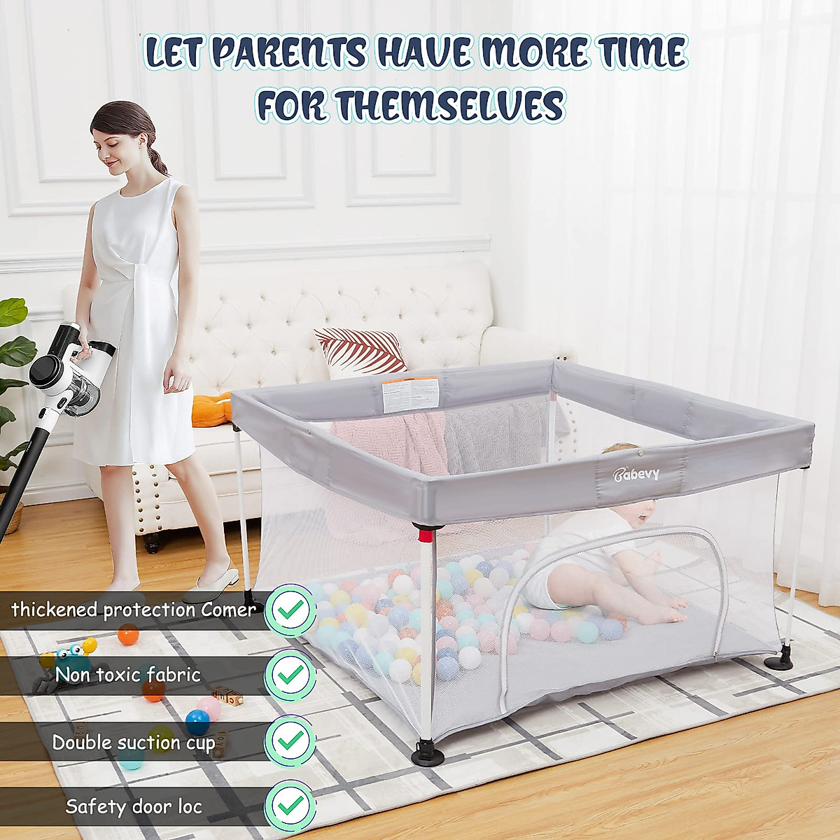 Babevy Foldable Baby Playpen Portable Baby Fence Play Yard for Babies and Toddlers with Gate, Indoor & Outdoor (Grey)