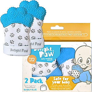 Delight Paw Baby Teething Mitten Mom Designed | Self Soothing Pain Relief | Hygienic Travel Bag | No BPA | Baby Boy Baby Girl | Babies Over 3 Months | Bubbly Blue | 2 Pack