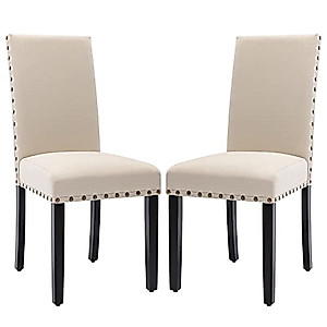 GOTMINSI Upholstered Dining Chairs with Nailhead Trim,Set of 2 Fabric Parsons Dining Chairs with Solid Wood Legs, Kitchen Chairs for Vintage Style and Modern Decoration (Beige)
