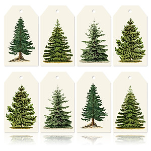 Whaline 120Pcs Christmas Tree Gift Tags with Rope Vintage Green Beige Paper Tags Xmas Winter Hanging Labels for Gift Wrapping DIY Crafts, 4 Designs