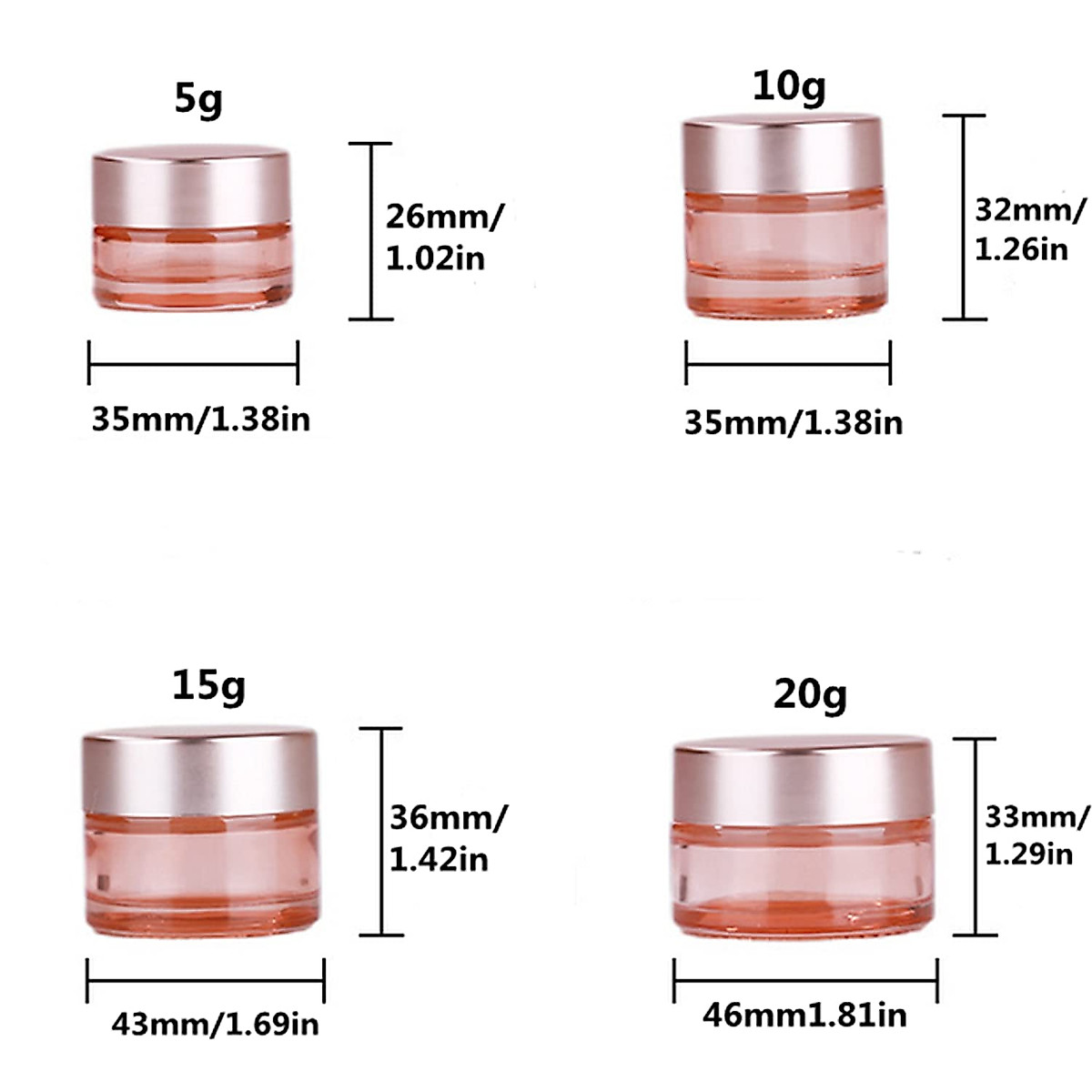 Healthcom 10 Packs 10 Gram/10ml Empty Jars Pink Glass Cosmetic Jar Pot Bottles with Rose Gold Lids Refillable Cosmetic Container Eye Cream Jar Pot Vials for Makeup Lotion Face Eyeshadow Lip Balms