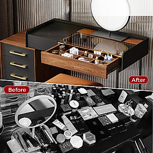 POVISON 47" Modern Wood Luxury Vanity Makeup with Mirror and Lights (3 Modes), 5 Drawers, Charging Station, Tempered Glass Top, Walnut Veneer Finish, Dressing Table with Comfort Stool - Easy Assembly