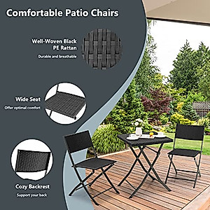 Tangkula 3 Piece Patio Bistro Set, Folding Wicker Chairs & Table Set, Solid Metal Frame, Outdoor Patio Furniture Set for Garden, Front Porch, Poolside, No Assembly Needs (Black)