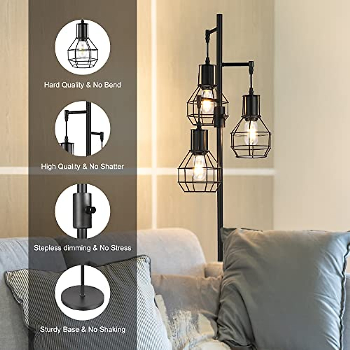 EDISHINE Industrial Floor Lamp, Dimmable Farmhouse Standing Lamp for Living Room, Sturdy Base, Rustic Tall Tree Reading Lamps Home Decor for Bedroom, Office, Black (3 LED Edison Bulbs Included)