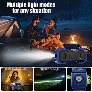 Emergency Radio Waterproof Camping Radio,Portable Digital AM FM Radio with Flashlight,Reading Lamp,Hand Crank WB NOAA Weather Radio with Solar Panel,5000mAH Cell Phone Charger,Outdoor Survival Gadget