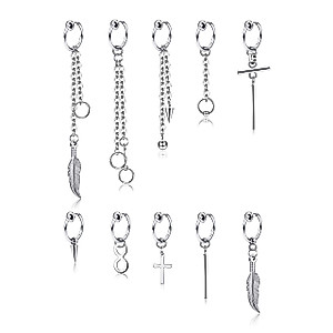 Magitaco 10 Pieces Hoop Dangle Earrings for Men Women Clip On Earrings Non Piercing Stainless Steel Dangle Hinged Hoop Earrings Long Chain Pendant Earrings Silver Kpop Earrings