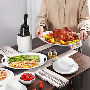 Buyajuju Porcelain Serving Platter with Handles, 14" Serving Dishes for Entertaining, Oval Serving Tray for Salad, Stew, Fruits and Pasta, Set of 2, White