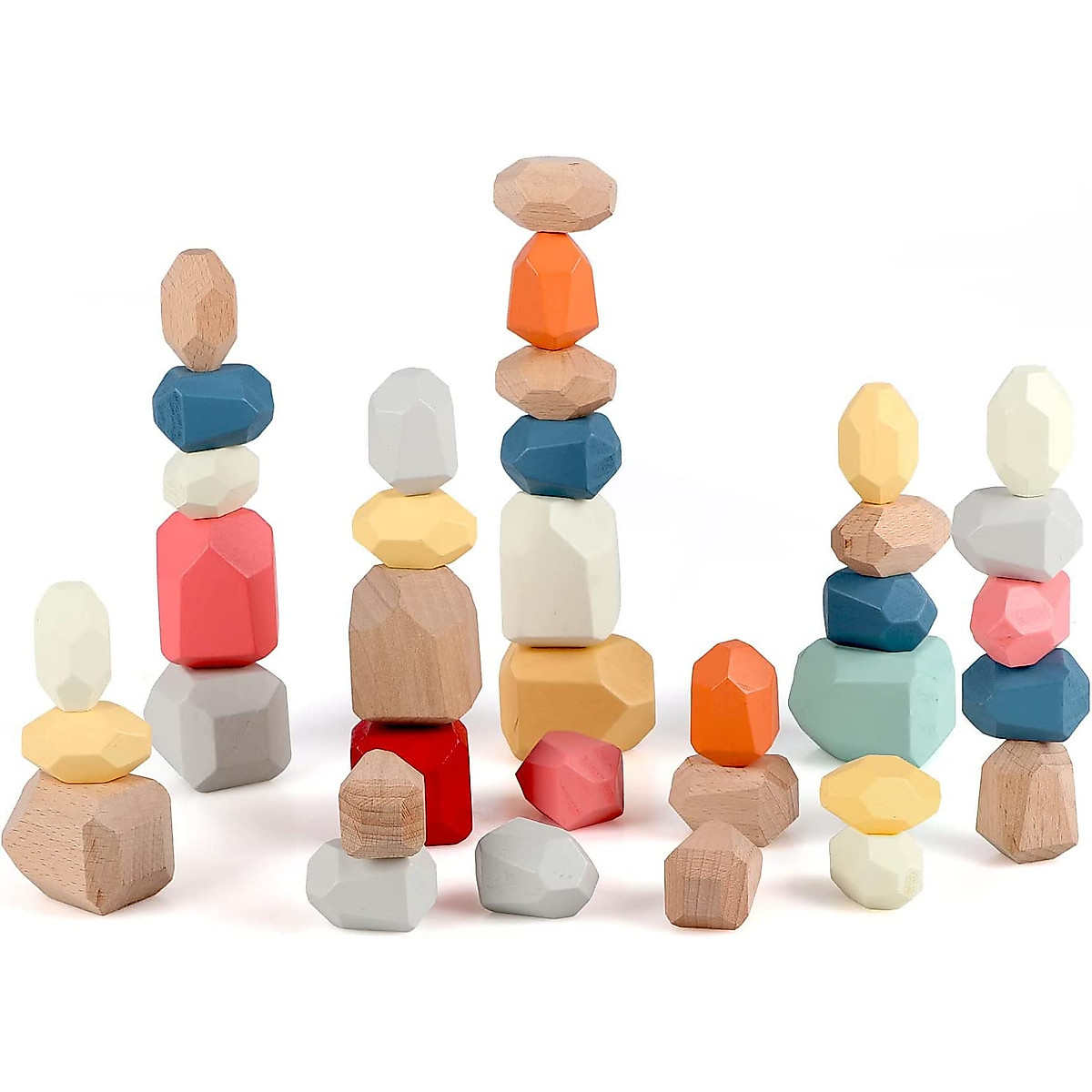 AAA777USA Montessori Stacking Wooden Rocks Balancing Stone Preschool Educational Sensory Toys for Toddlers 3 4 5 Year Boys and Girls – Building Block Set 36 pcs