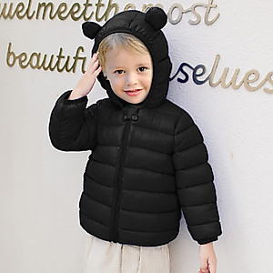 XMWEALTHY Baby Boys Girls Winter Coats Toddler Light Puffer Down Jacket Infant Kids Bear Hoods Padded Outwear Black 6-12 Months
