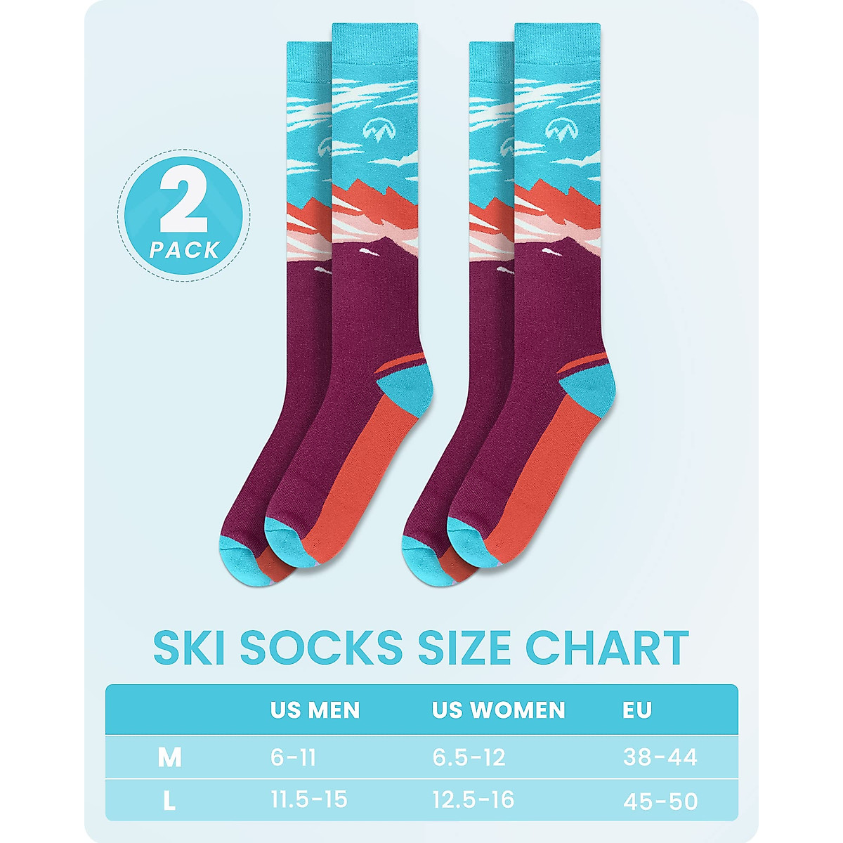 OutdoorMaster Ski Socks, 2-Pair Pack Skiing and Snowboarding Thermal Socks for Women with Over the Calf Design w/Non-Slip Cuff, Mountain Patterns - Henna, Medium