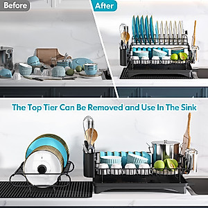 BOOSINY Dish Drying Rack for Kitchen Counter, 2 Tier Large Dish Drainer with Drainboard Set, Cutlery Holder, Cutting Board Holder and Extra Dryer Mat (Black - 304 Stainless Steel)
