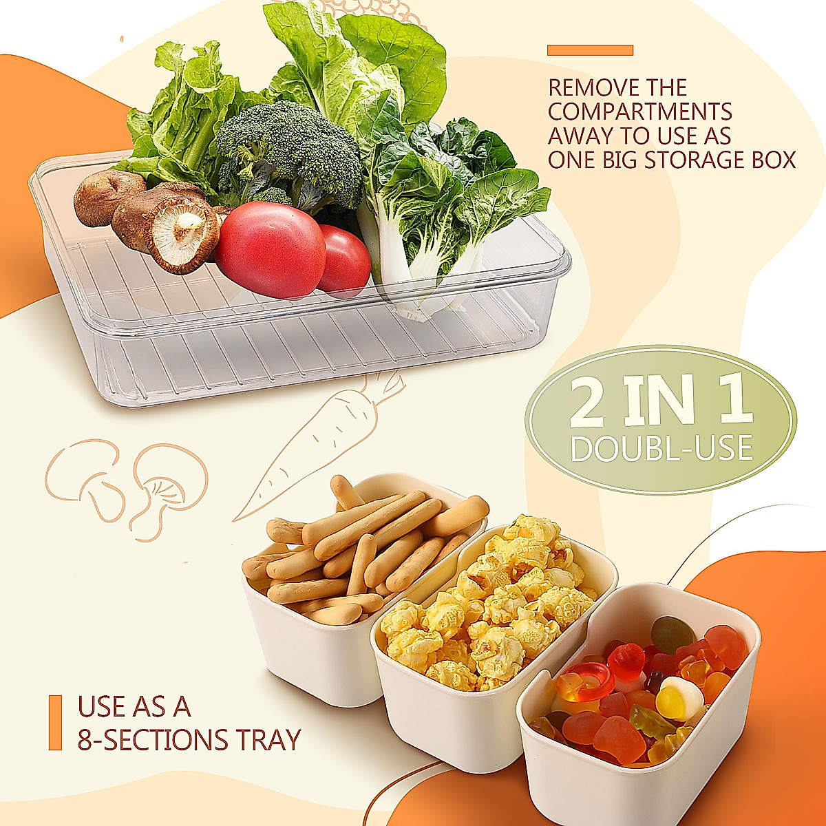 Farest Divided Veggie Tray with Lid and Handle,Portable 8 Compartment Serving Tray with Dividers,Snack Containers,Snack Box for Food,Veggie, Condiments,Candy,Nuts,Picnic,Parties,2 Pack