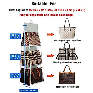 Lirex Medium and Large Handbag Hanging Organizer, 6 Pockets Foldable Hanging Purse Organizer Oxford Cloth Handbag Storage Hanger Universal Fit Closet Organizer for Family Closet Bedroom, Grey