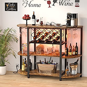 Unikito Wine Rack Table with Socket and LED Light, Floor Bar Cabinet for Liquor and Glasses, Wood Coffee Bar Cabinet with Adjustable Wine Rack, FreeStanding Sideboard and Buffet Cabinet, Rustic