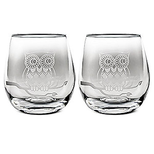 TMD Holdings Etched Owl Stemless Wine Glasses, Set of 2