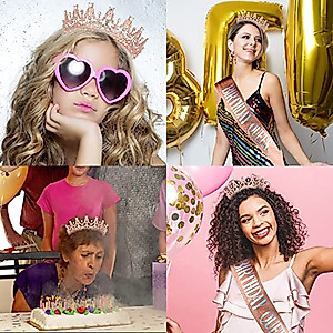 SuPoo Rose Gold Birthday Crown and Sash Kit Birthday Tiara Glitter Birthday Sash for Women Birthday Queen Sash Rhinestones Princess Crown with Comb Crystal Birthday Decorations Party Supplies Favors