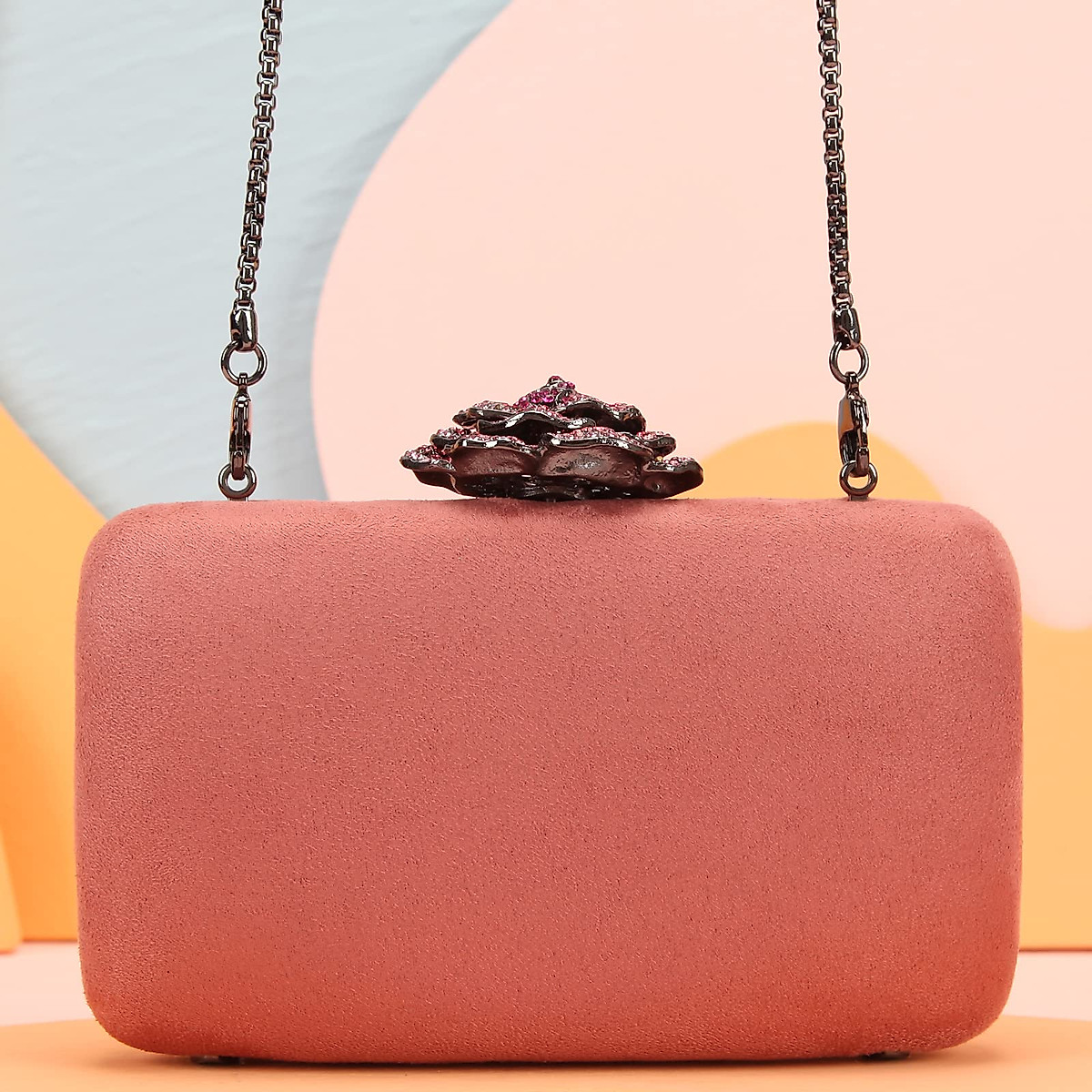 Fawziya Evening Clutch Bling Rhinestone Rose Velvet Novelty Medium Purses For Women Formall-Pink