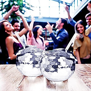 Tongnian 12 PCS Disco Ball Cups Tumbler Disco Flash Ball Cocktail Cup Silver Spherical Cup with Lid and Straw Disco Wine Glass Drinking Syrup Tea Bottle for Disco Bar Party Supplies