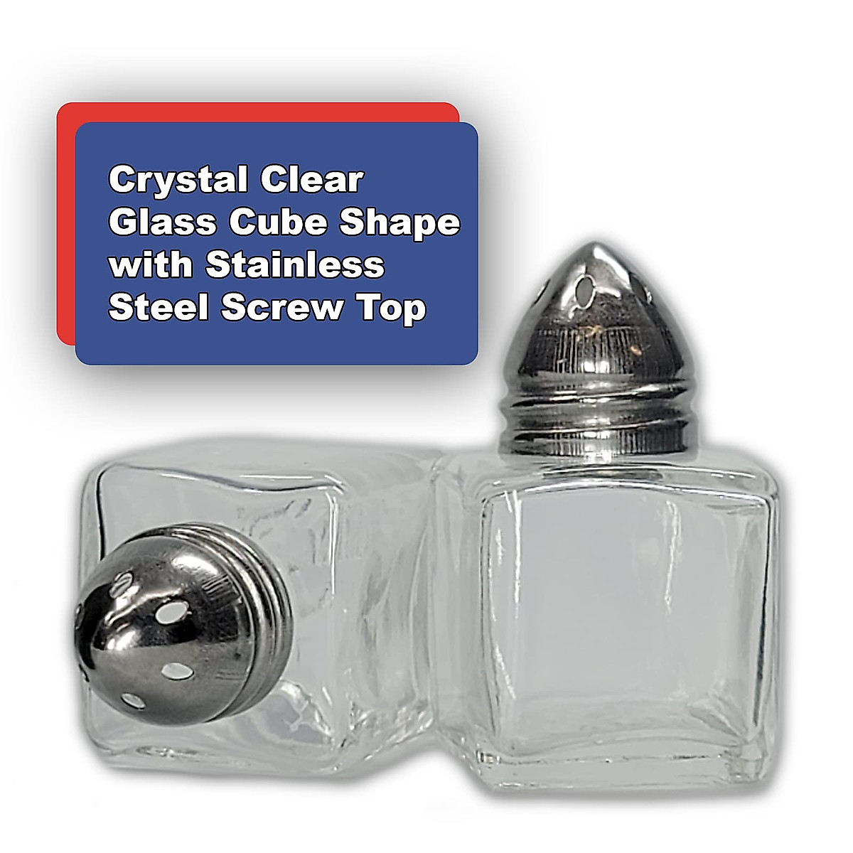 Pack of 4 Clear Glass Mini Cube Salt & Pepper Shakers with Stainless Tops and BONUS Easy Fill Funnel by NetSellsIt
