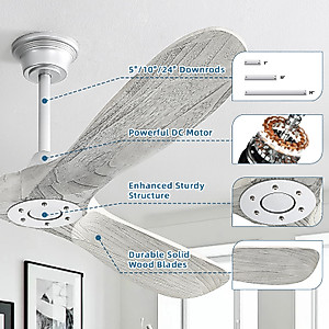 CACI Mall 60" Ceiling Fan no Light, Outdoor Ceiling Fans for Patios Without Lights, Remote Control, Solid Wood 3 Blades, Quiet, Indoor Ceiling Fan for Living Room, Patio, Bedroom, Porch, Farmhouse
