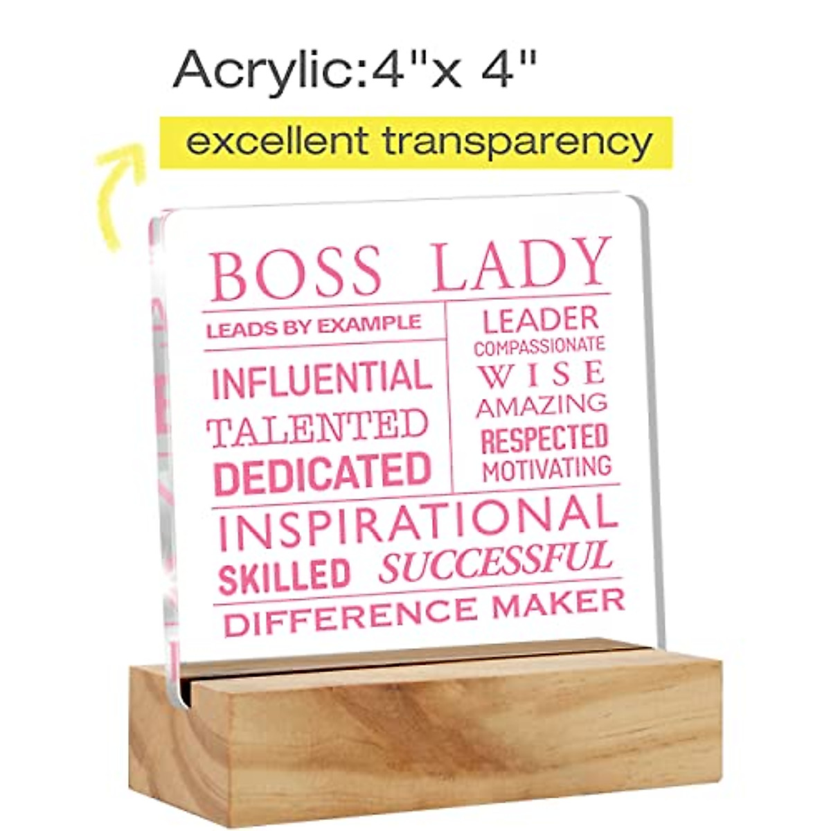 Inspirational Boss Appreciation Gift Boss Lady Gifts for Women, Pink Boss Lady Desk Decor Acrylic Desk Plaque Sign with Wood Stand Home Office Desk Sign Keepsake