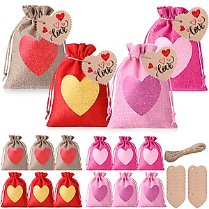Shappy 16 Packs Valentine's Day Burlap Bag Heart Gift Bags Small Drawstring Wedding Favor Sacks Jewelry Candy Pouches Linen Pockets with DIY Tags Rope for Christmas, Gold,red,Pink