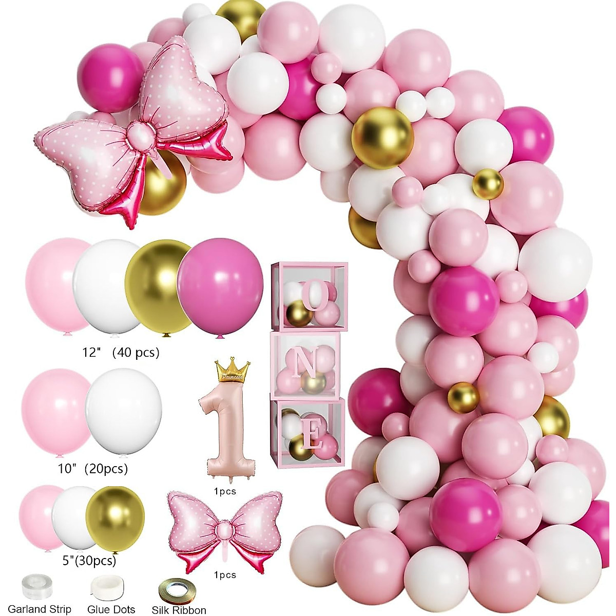 Baby Girl 1st Birthday Decorations , Baby First Birthday Supplies for Girl,Including Balloon Boxes, Pink Gold Balloons Garland Arch Kit，Party Backdrop, High Chair Banner, Crown, Photo Banner