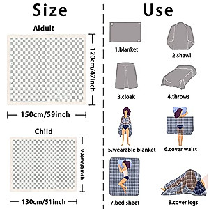 Wearable Blanket Adult with Buttons Plaid Throw Blanket Super Soft Plush Fleece Office Blanket for Women Work Lap Blanket (grey, 150 * 120cm)