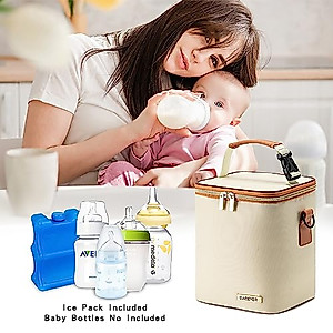 BABEYER Breast Milk Cooler Bag with Ice Pack Fits 4 Baby Bottles Up to 9 Ounce, Baby Bottle Bag with Shoulder Strap for Nursing Mom Daycare, Cream