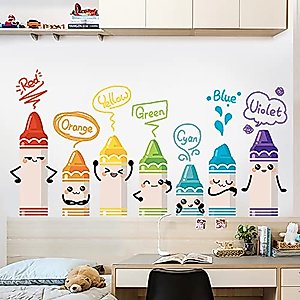 Crayon Color Wall Decals for Kids Rooms - Cartoon Wall Stickers for Baby Bedroom Wardrobe Door Decor DIY Mural Decals Color Discrimination Educatione Nursery Playroom Decoration Wall Stickers