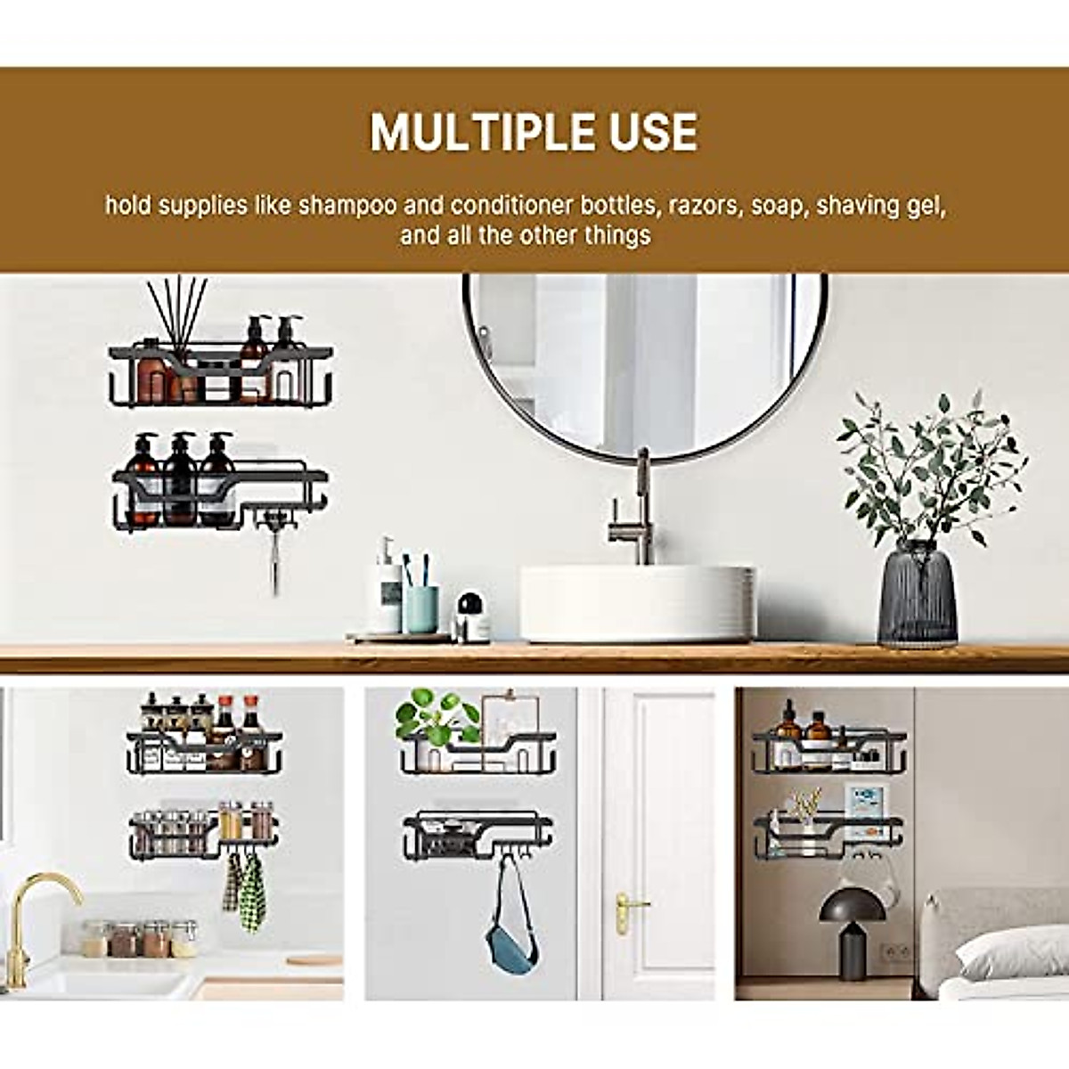 2 Pack Shower Caddy Shelf, Wall Mounted Organizer Rack, Self Adhesive Bathroom Shelves with Soap Dish, Bathroom Basket Shelf with Hooks, Home Wall Shower Inside Organization and Storage (Matte Black)