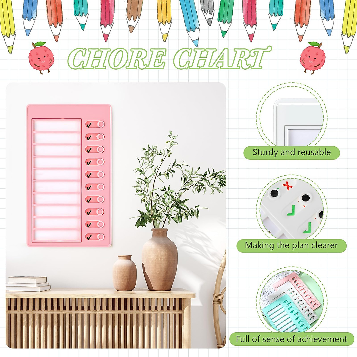 4 Pcs Blank Chore Chart for Kids, Plastic Checklist Board with 8 Detachable Cardstock for Home Routine Planning
