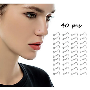 Tornito 20G 40Pcs Stainless Steel Curved Nose Stud Nose Ring CZ L Bone Screw Shaped Nose Screw Piercing Jewelry for Women Men