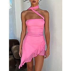 Argeousgor Women Y2k Short Halter Dress V Neck Irregular Ruffle Dress Sleeveless Fringed Mini Dress Sexy Open Back Dresses B-Pink