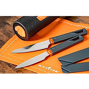Blackstone 5433 Knife Roll Kit 1 Silicone Prep Mat, Integrated Salt and Pepper Shaker, 1 Large Prep Knife, 1 Small Prep Knife, 1 Containment Tube, Stainless Steel, Chef Travel Roll Bag/Case Orange