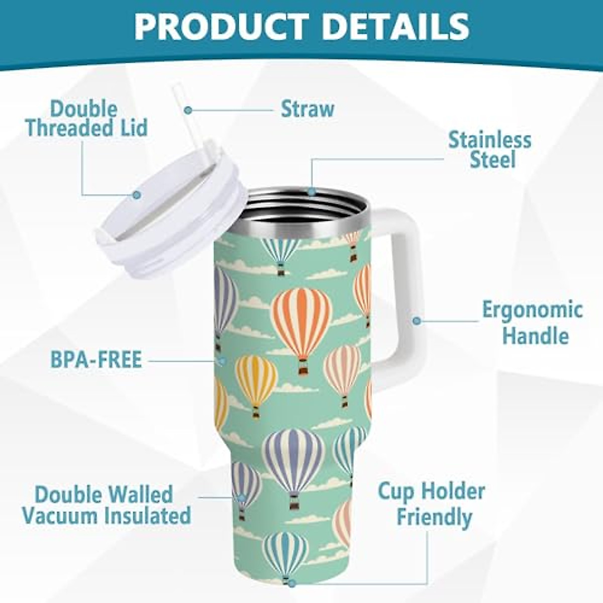 CIJEMAPW Retro Travel Insulated Tumblers Balloons 30 oz Water Bottles Travel Mug with Handle and Straw Lid Leakproof School Work Outdoor for Women & Men