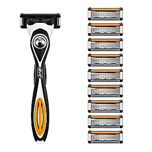BIC Hybrid 5 Flex Refillable Men's Razor, 1 Weighted Handle and 10 Nano-Tech Titanium 5-Blade Refills with Precision Blade - Bundle of 1+10 Multicolor