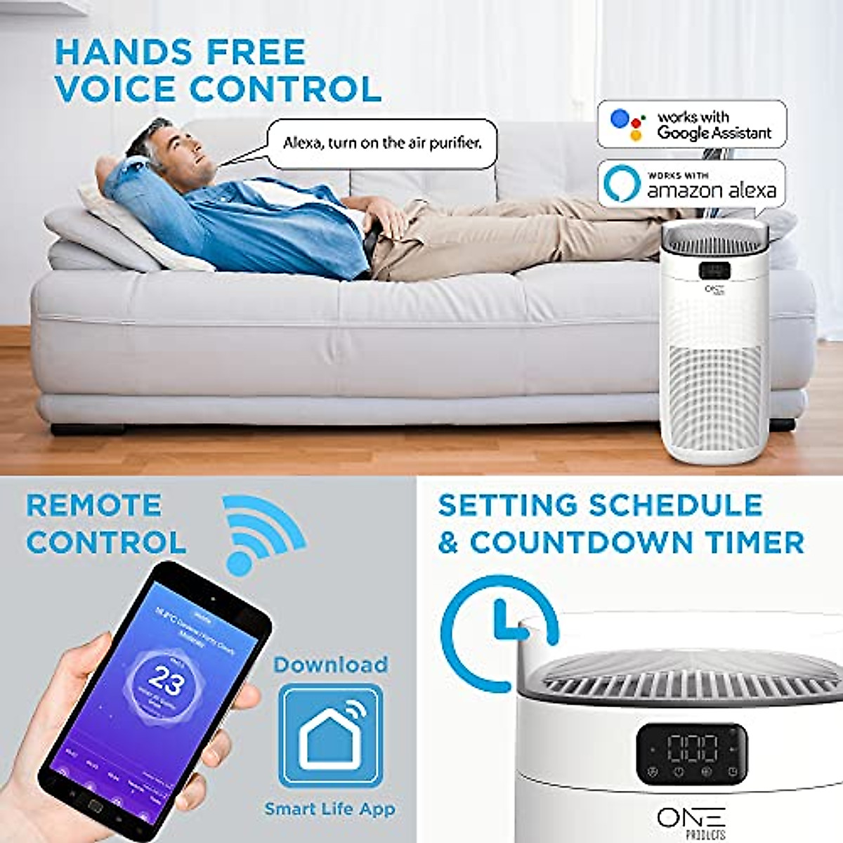 ONE Products Smart Hepa Air Purifier, UV Light Sanitizer, Covers Small to Large Room, Kills 99.99% Germs, Bacteria, Allergies, Pollen, Smoke, Dust, Pet Dander, Work with Alexa, Google, Athena(OSAP02)