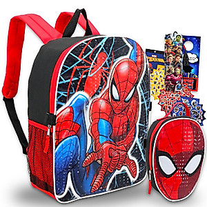 Marvel Shop Spiderman Backpack With Lunch Box For Boys ~ 5 Pc Bundle With 16 Inch Spiderman School Bag For Kids, Spiderman Lunch Bag, Stickers, And More | Spiderman School Supplies